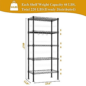C&AHOME 5-Tier Metal Shelving Unit with Liner, Storage Rack with Adjustable Shelves, Heavy Duty Shelf with 4 Hooks and Leveling Feet Ideal for Kitchen, Bathroom, 23.6"L × 12.8"W × 60.5"H Black UWSU05B