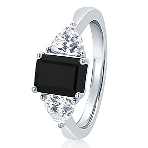 Sterling Silver Ring Wedding Ring Emerald Cut 1.5 carat Black CZ Stone Three Stone Anniversary Ring 8MM (Size 5 to 10), 6
