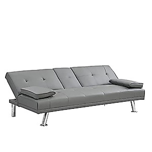 Eafurn Convertible Futon Bed, Soft Faxu Leather Upholstered Loveseat Adjustable Sleeper, Button Tufted Sofa & Couch with Removable Pillow Top Armrests and 2 Cup Holders, Gray PU