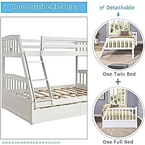 ATH-S Twin Over Twin Bunk Bed for Boys Girls Teens Adults, Solid Wood Bunk Bed Frame with Trundle and Drawers, No Box Spring Needed, White (Color : White with Drawers, Size : Twin Over Full)