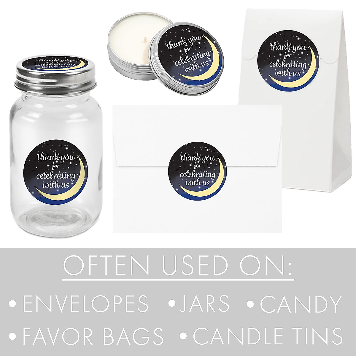 Over The Moon Baby Shower Thank You Stickers, Moon and Stars Baby Shower Decorations - 40 Count