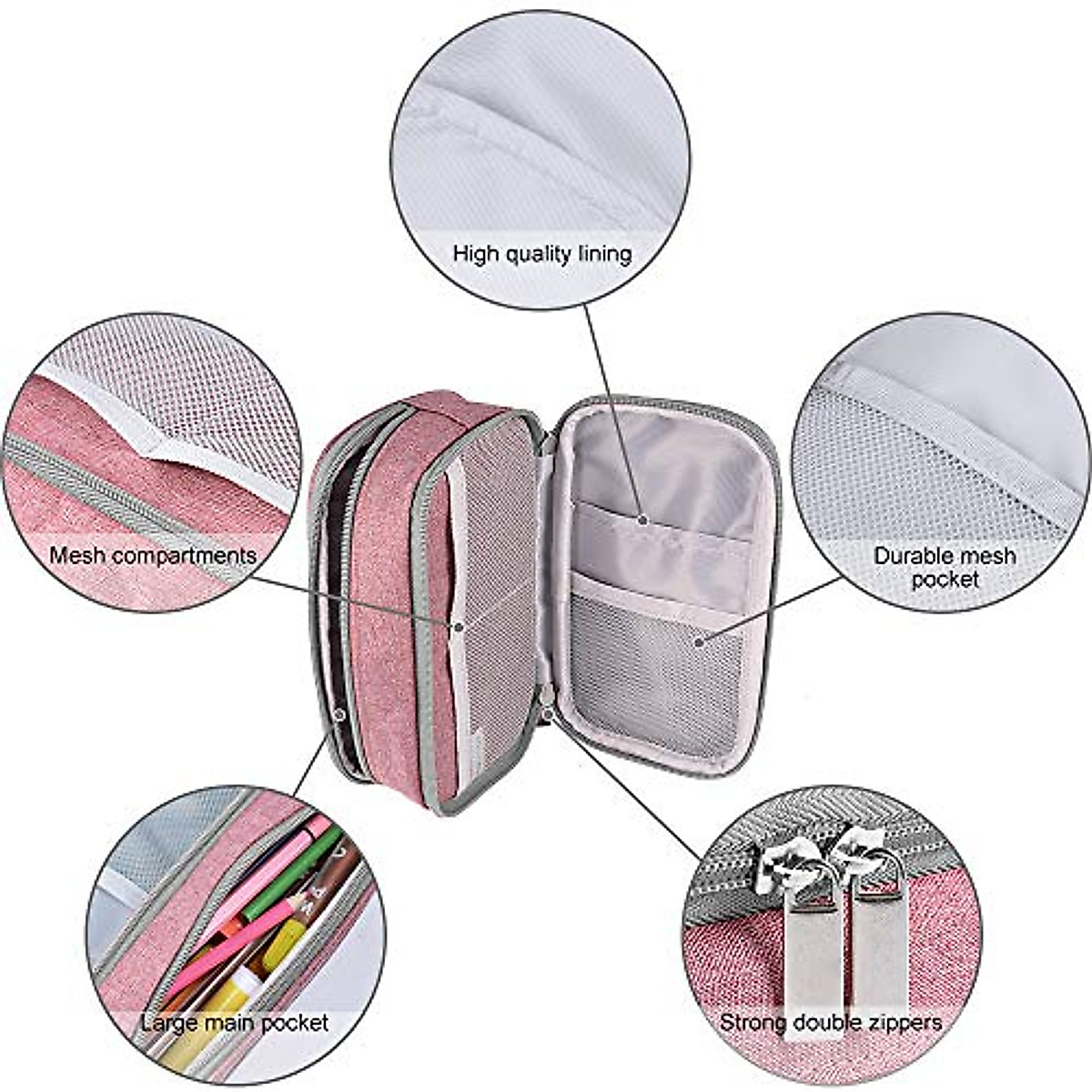 Chelory Pencil Case Big Capacity Pencil Bag Pouch 3 Comparments Large Pen Case Holder Makeup Bag for Adults Office Desk Supplies Stationery Organizer, Light Red