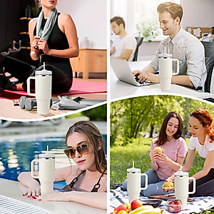 PIMDIR 40oz Tumbler with Handle Straw Lid, Stainless Steel Vacuum Insulated Reusable Travel Mug Keep Drinks Cold Ice Gym Cup, Gifts for Women Men Lovers, Car Holder Friendly, Cream White