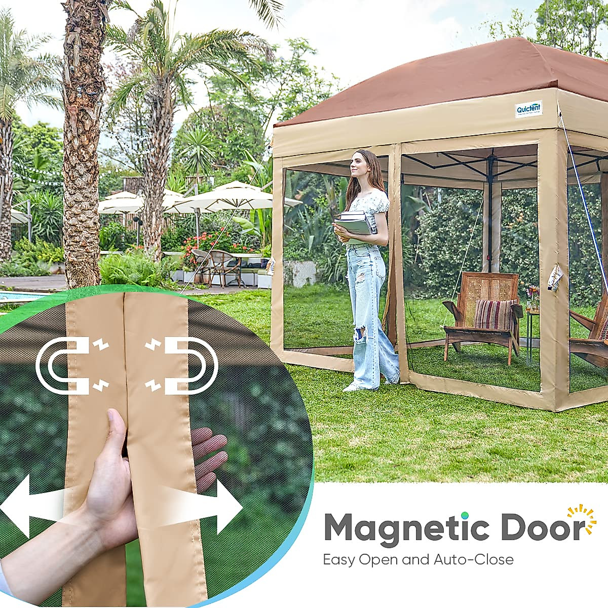 Quictent 6.6’x6.6’ Pop up Canopy Tent with Netting, Instant Setup Screen House Room Tent Screened- 4 Magnetic Doors, Waterproof (Khaki)