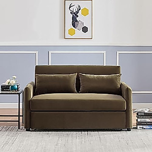 3 in 1 Convertible Sleeper Sofa Couch Bed Pull Out Couch Velvet Sofa Futon with 2 Lumbar Pillows and Adjustable Backres,Love Seat Bedroom Furniture for Small Places,Living Room,Apartment,Light Brown