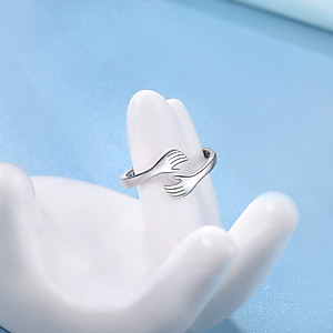 IOHUPCI Sterling Silver Hug Rings for Women, Adjustable Ring Hugging Hand Ring for Daughters Mom Sister Wife Friends Grandma Birthday Holiday Jewelry Gift