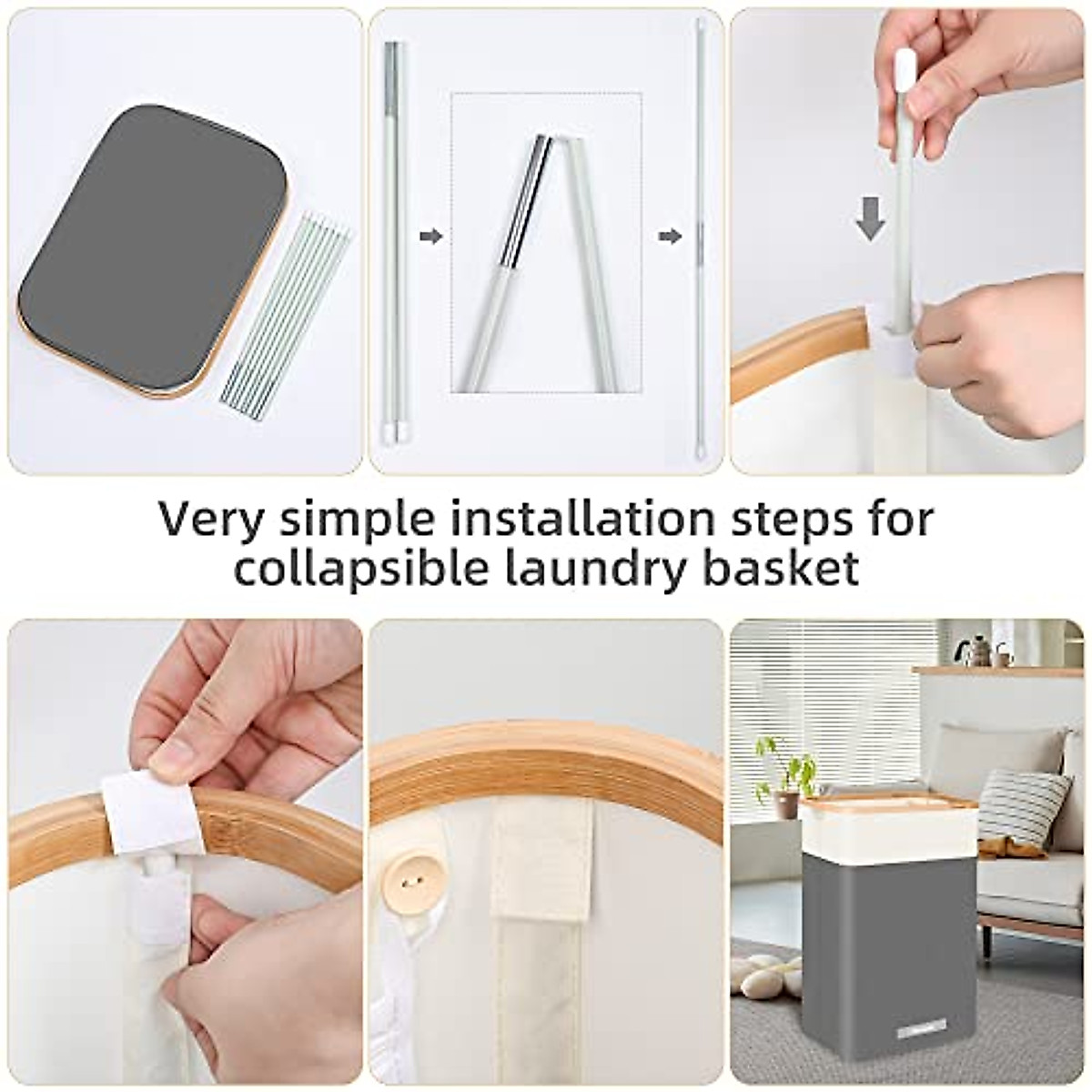 DAKCOS Laundry Basket with Bamboo Handles,80L Collapsible Laundry Hamper,Dirty Clothes Hamper for Bedroom, Bathroom,White-grey