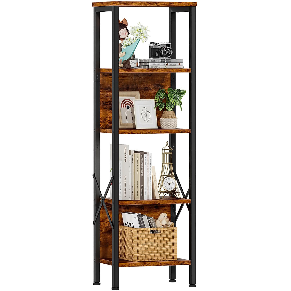 Furologee 5 Tier Bookshelf with Back, Tall Narrow Bookcase, Rustic Standing Shelf Units, Metal and Wood Display Storage Rack Organizer for Bedroom, Living Room, Home Office, Entryway