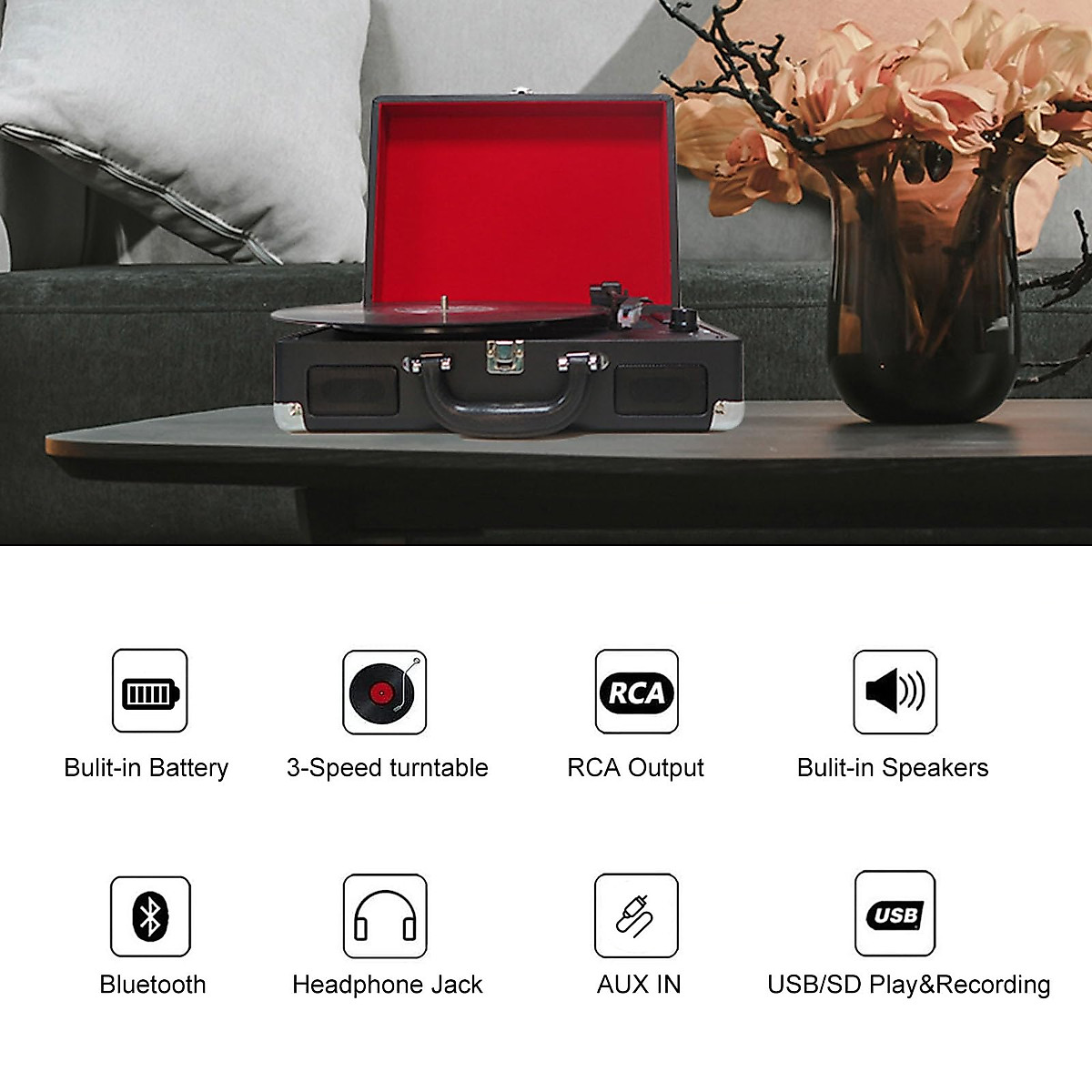 Vinyl Record Player 3 Speed Turntable with Bluetooth, USB/SD Play&Recording, Built in Battery, Line Out, AUX in, Earphone Jack, Replacement Needle
