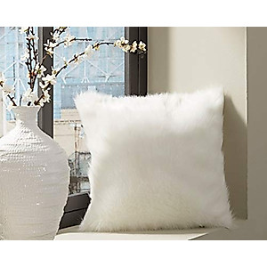 Signature Design by Ashley Himena Solid Faux Fur Throw Pillow, 20 x 20 Inches, White