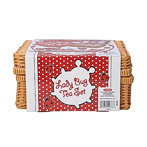 Schylling Ladybug Tea Set Basket - 23 Piece Miniature Porcelain Set with Picnic Basket - Includes Service for Four - Ages 8 and Up