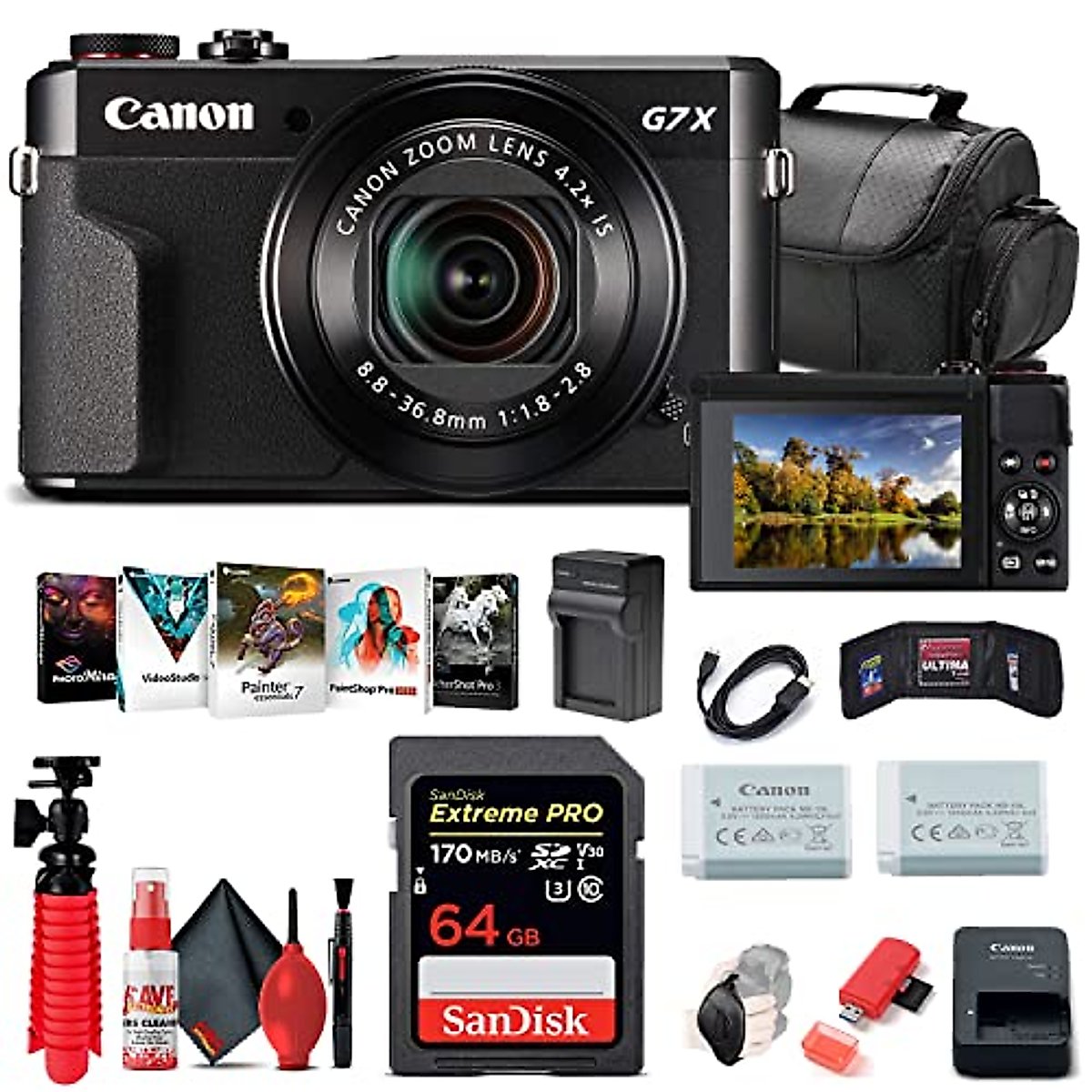 Canon PowerShot G7 X Mark II Digital Camera (1066C001) + 64GB Memory Card + NB13L Battery + Corel Photo Software + Charger + Card Reader + Soft Bag + Flex Tripod + More (Renewed)
