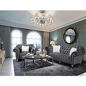 Morden Fort Chesterfield Sofa, Chair and Sofa for Living Room Furniture Sets, 2 Pieces Classic Velvet Tufted Couches, Grey