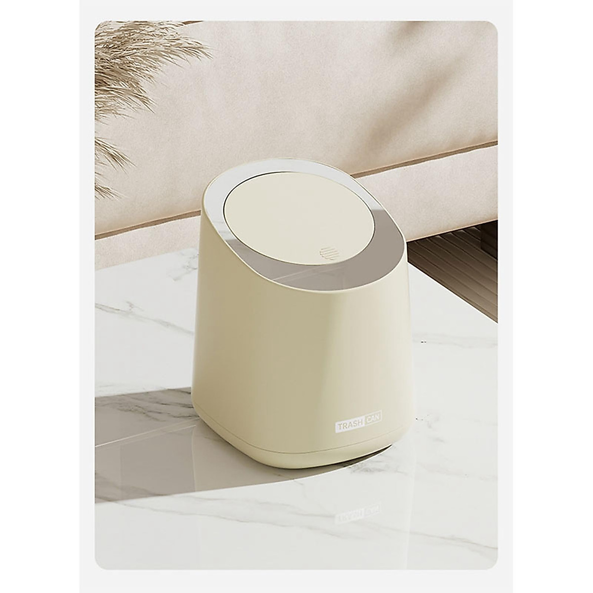 FLUSTDER Mini Countertop Garbage Can Small Plastic Wastebasket Waste Can with Press Type Lid Desktop Trash Can for Bathroom Bedroom Living Room (Cream White)