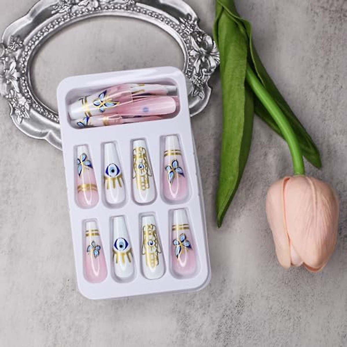 Fall Press on Nails Long Square Fake Nails with Eyeball and Butterfly Designs Acrylic Nails Autumn Glossy False Nails White Glue on Nails for Women 24PCS