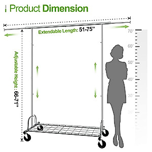 SPECILITE Clothes Rack Heavy Duty Load 480LBS, Grament Rack with Extensible Size, 75" L,Metal Rolling Clothing Rack 2-in-1 with Sturdy Wheels and Shelves, Collapsible Wardrobe Rack, Chrome