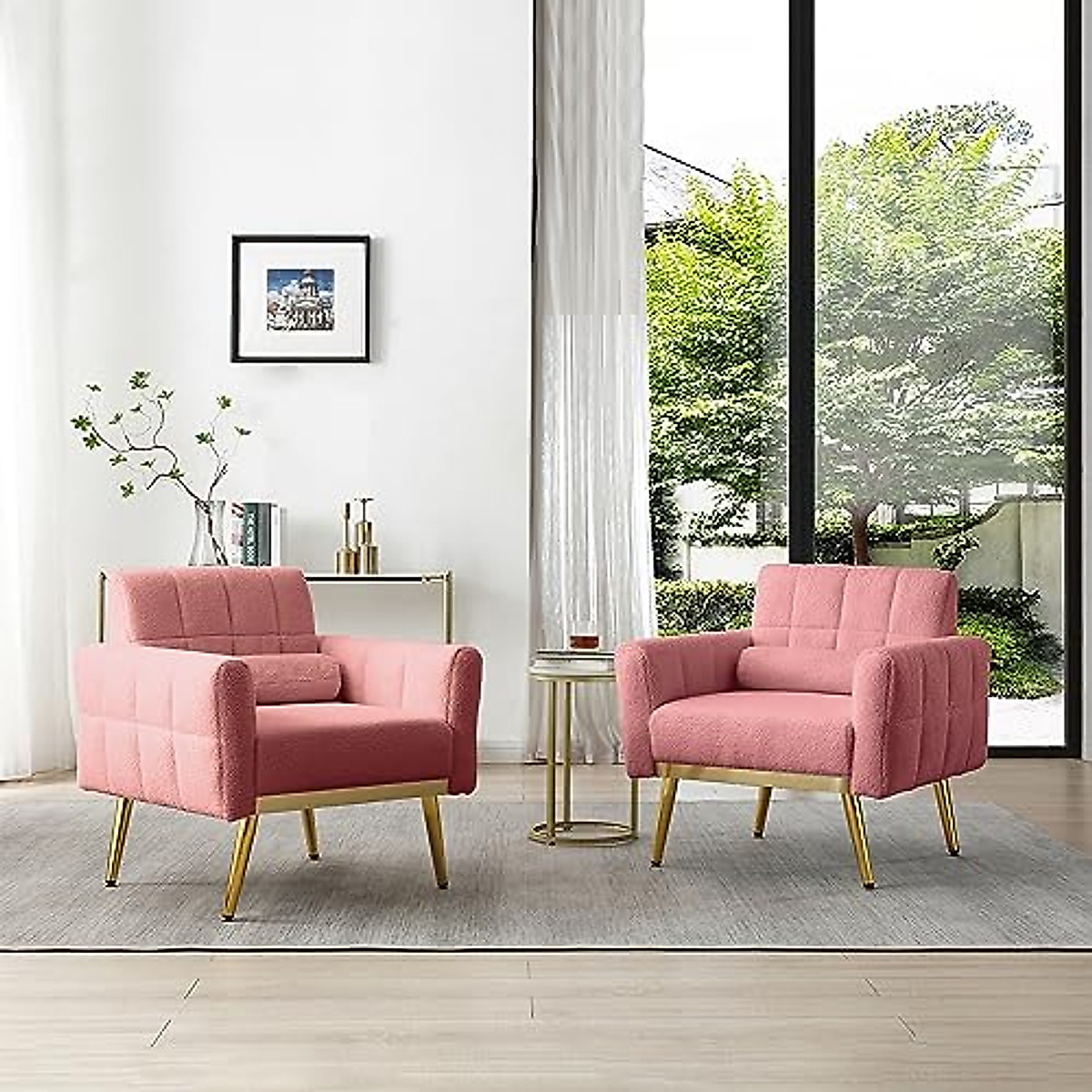 Penifun Teddy Accent Modern Side Gold Legs & Waist Pillow, Single Sofa Couch Armchair Reading Chairs for Living Waiting Room Bedroom Pink