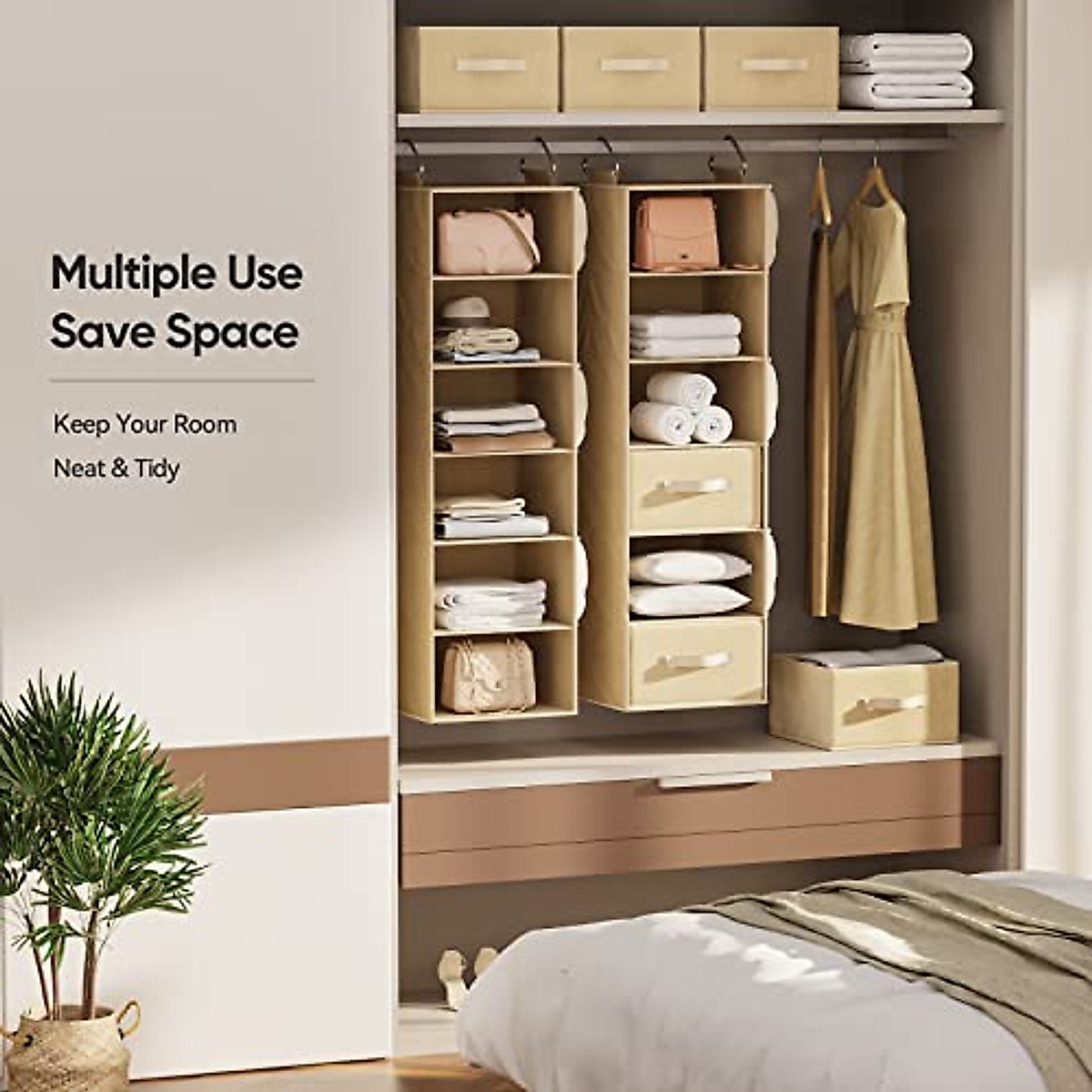 Pipishell Hanging Closet Organizer 6-Shelf, Hanging Shelves for Closet with 3 Removable Drawers & Side Pockets, Hanging Shelf Organizer for Bedroom or Garment Rack, 12'' x 12'' x 43.3'', Beige