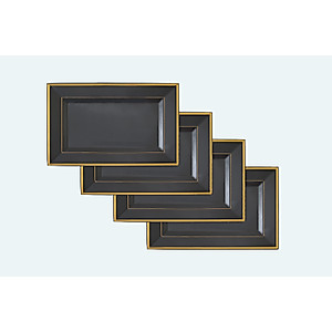 Hard Plastic Serving Tray Set, Black & Gold Rim Disposable Serving Trays & Platters for Food, Large Plastic Trays for Parties, Weddings, Food Trays for Cookies, Dessert, 8" x 13", 4 Pack