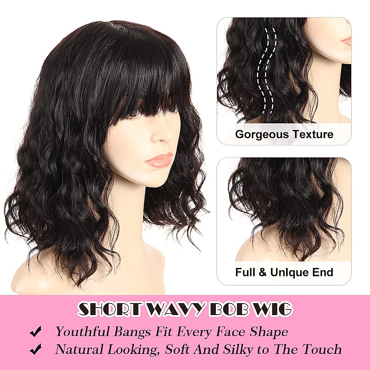 PANEWAY Short Human Hair Wigs with Bangs Brazilian Body Wave Virgin Human Hair Wigs for Black White Women Short Wavy Bob Wigs with Bangs 12 Inch