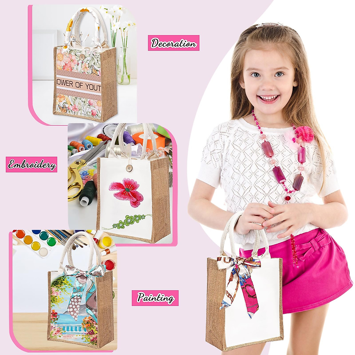 VeyFolzin.st Jute Burlap Totes Bags, Reusable Waterproof Tote Shopping Bag Blank DIY Canvas Gift Bag with Button & Ribbons (B)