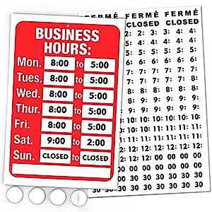 Open Signs, Business Hours Sign Kit - Bright Red and White Colors - 7.7 x 11.7 Inch - Includes 4 Double Sided Adhesive Pads and Black Number Sticker Set - Ideal Hours Of Operation Signs for Business, Store or Office