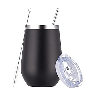 MEWAY 12oz Wine Tumbler Glasses with Lid and Straw - Stemless Double Wall Vacuum Stainless Steel Tumbler Keeping Cold & Hot for Wine,Drinks - Family and Gifts, Ideal for Travel and Office(Black,1)