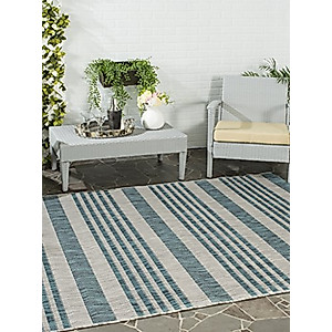 SAFAVIEH Courtyard Collection 2'7" x 5' Grey/Blue CY8062 Stripe Indoor/ Outdoor Waterproof Easy Cleaning Patio Backyard Mudroom Area Rug