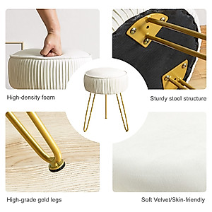 LUE BONA Pleated Vanity Stool, Velvet Upholstered Vanity Stool for Makeup Room, Round Mondern Stool for Vanity, Ottoman Footrest Stool with Metal Legs for Living Room, Bedroom, Beige