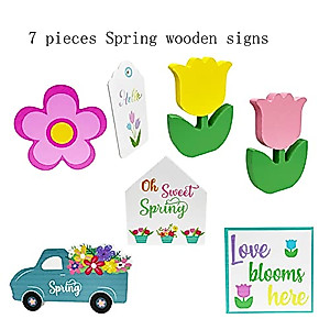 7 Pieces Hello Spring Tiered Tray Decorations Easter Tray Decor Spring Wooden Table Sign for Spring Home Decorations (Spring Style)