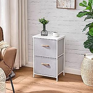 LAND·VOI Dresser Storage,Night Stand with 2 Fabric Drawers,End Table for Bedroom, Office, Living Room, and Hallway Entryway Closets, Steel Frame Wood Top, Easy Pull Handle,White Grey