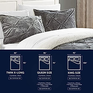 Chic Home 3 Piece Josepha Pinch Pleated Ruffled & Pintuck Sherpa Lined Comforter Set, King, Grey