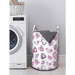 Lunarable Diamonds Laundry Bag, Amethyst Heart and Triangle Shaped Diamond Hanging Vibrant Vivid Pattern, Hamper Basket with Handles Drawstring Closure for Laundromats, 13" x 19", Pink Purple