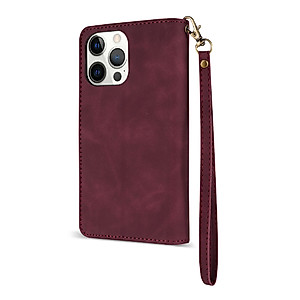 ZZXX iPhone 14 Pro Max Case Wallet with [RFID Blocking] Card Slot Soft PU Leather Zipper Flip Folio with Wrist Strap Kickstand Protective Cover for iPhone 14 Pro Max Wallet Case(Wine Red-6.7 inch)