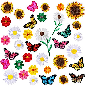 Canlierr 36 Pieces Flower Iron On Embroidered Patches Sunflower Cute Sew On Applique Patches for Clothing Large Colorful Decorative Patches for Clothes Dress Hat Jeans DIY(Vivid Style)