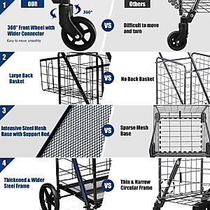 IRONMAX Jumbo Shopping Cart, Foldable Heavy Duty Grocery Cart w/ 360° Rolling Swivel Wheels & Double Basket, 330 LBS Weight Capacity, Folding Utility Cart for Grocery Laundry Luggage (Black)