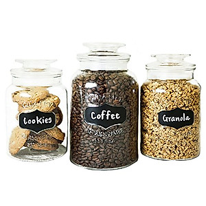 Godinger Airtight Glass Canisters Set of 3 - Round Clear Storage Containers with Sealed Lids, Chalkboard Jar Set of 3, Chalk Included – Perfect Housewarming Gift