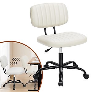 NEWBULIG Small Office Chair Armless with Wheels, Swivel Desk Seat with Back Lumbar Support Height Adjustable for Home Study Vanity, Pu leather, White