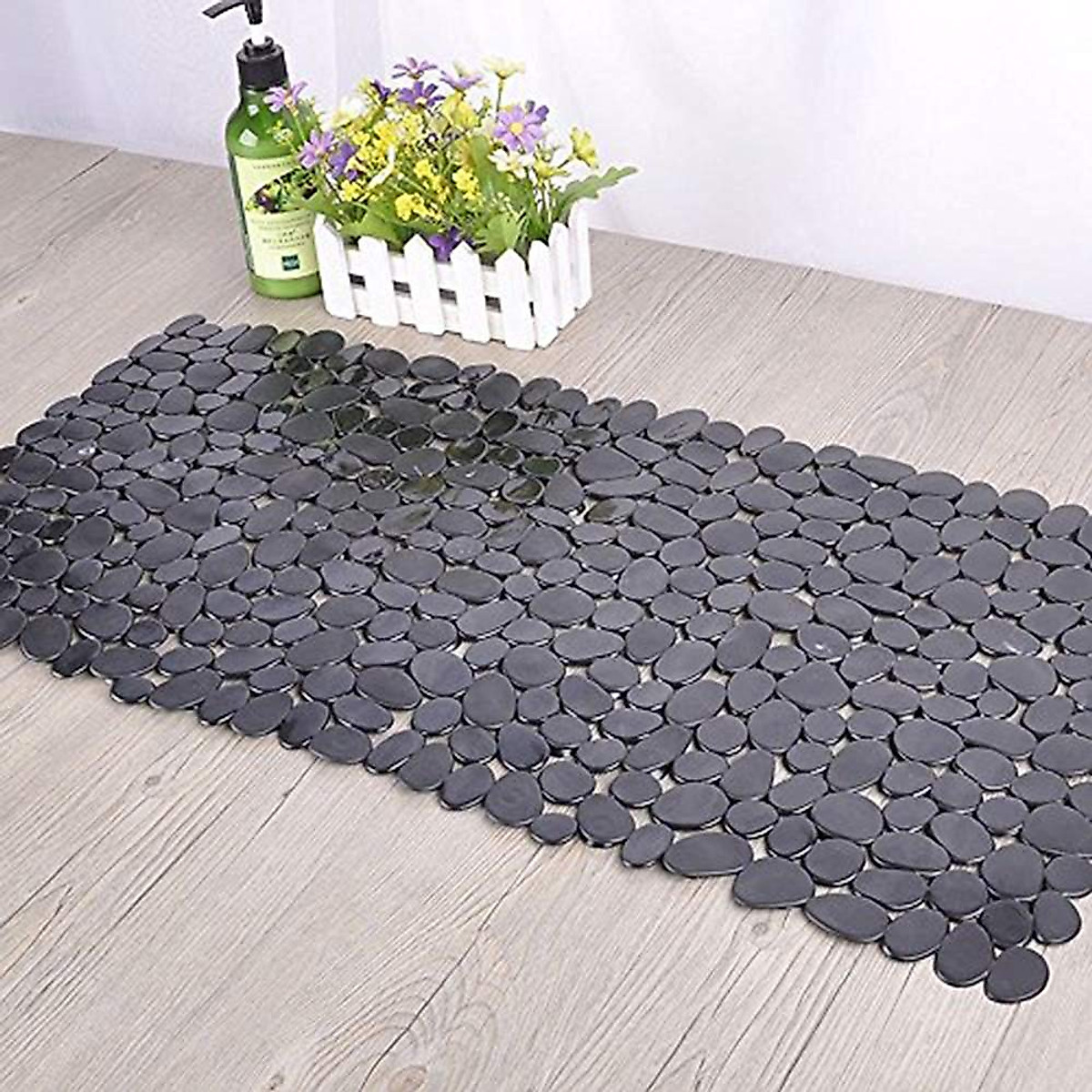 Non-Slip Pebble Bathtub Mat Black 16 W x 35 L Inches (for Smooth/Non-Textured Tubs Only) Safe Shower Mat with Drain Holes, Suction Cups for Bathroom
