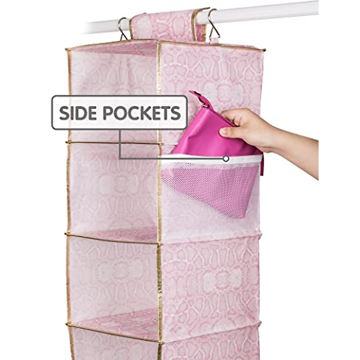 DAMAHOME Hanging Closet Organizer Storage - 6-Tier Collapsible Hanging Shelves with Sturdy Hooks, 4 Side Pockets, Foldable Sweater Organizer, For Closet/Kids/RV/ Camper/Dorm 12"W X 12"D X 48"H (Pink)