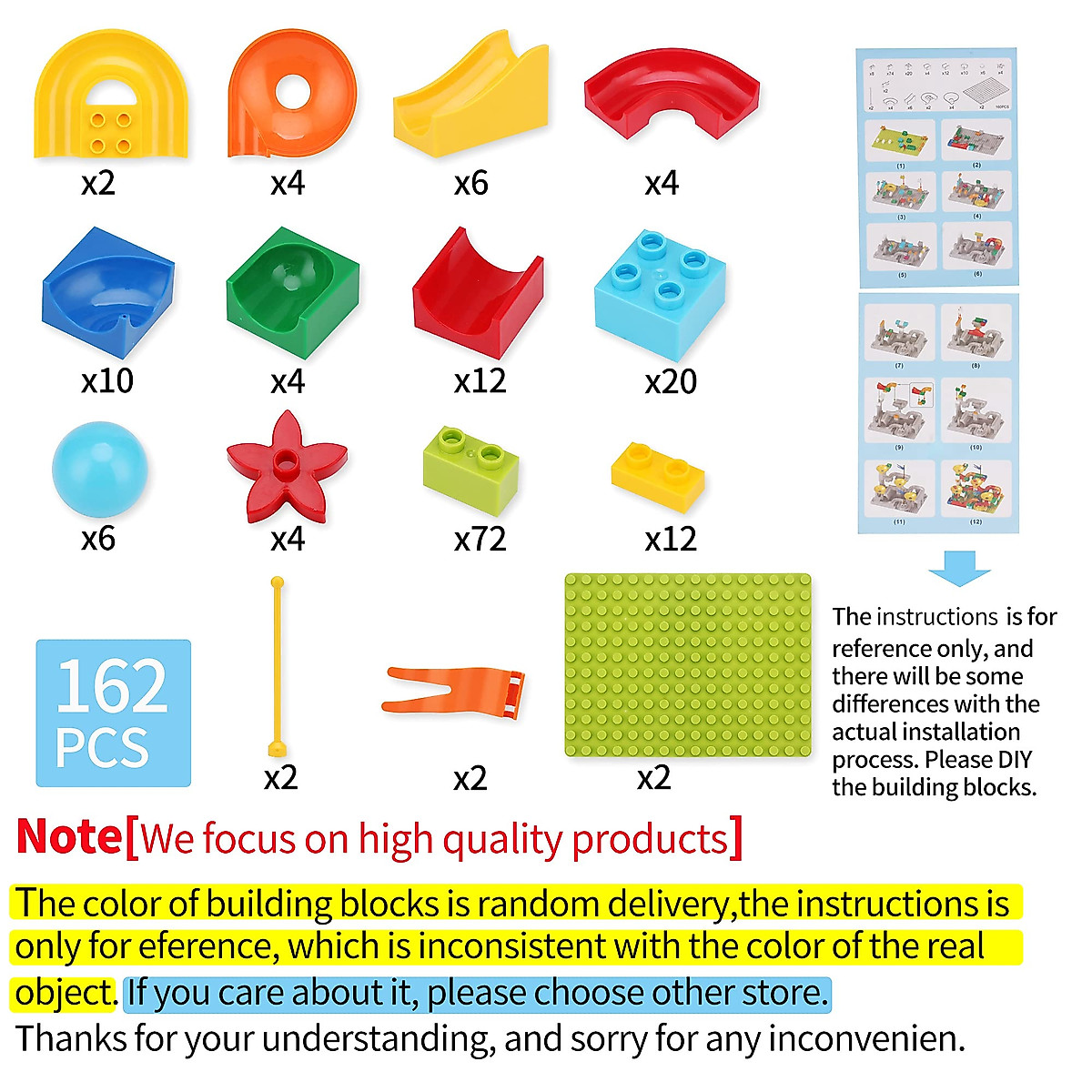 162 PCS Marble Run Building Blocks with 6 Balls Classic Big Blocks STEM Toy Kids Puzzle Compatible with All Major Brands Bricks Set, Ramps, Funnels for Boys Girls Age 4 5 6 7 8+