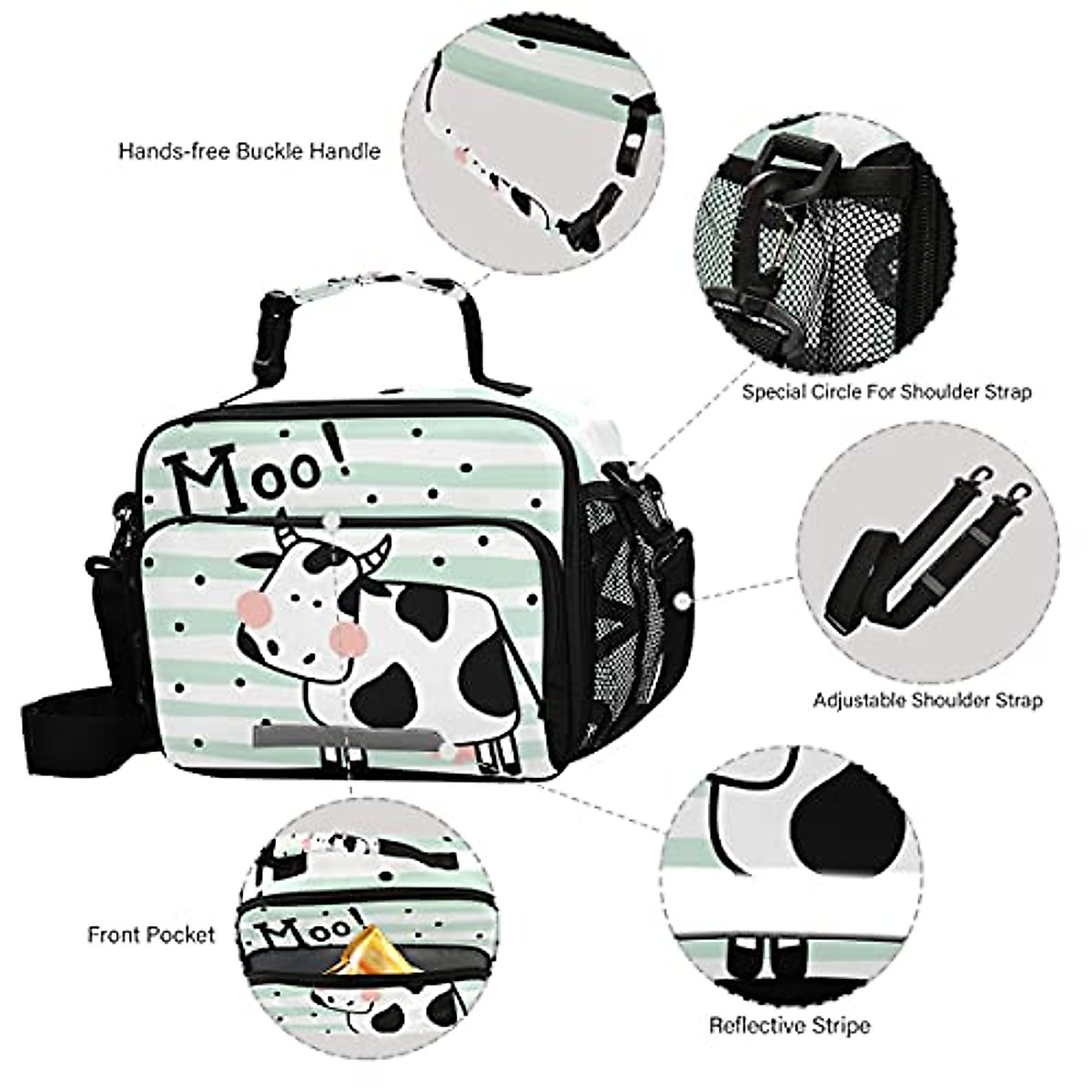 Moo Cow Lunch Box, Lunch Bag with Adjustable Shoulder Strap Insulated Tote Bag Picnic Box Lunch Bag for School Teens Snacks Insulated Cooler Tote