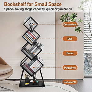uyoyous Tree Bookshelf 5 Tier Tree Bookcase Metal Bookshelf Standing Bookshelf Modern Bookshelf for CDs/Movies/Books, Storage Shelves for Bedroom, Living Room, Home Office, Black