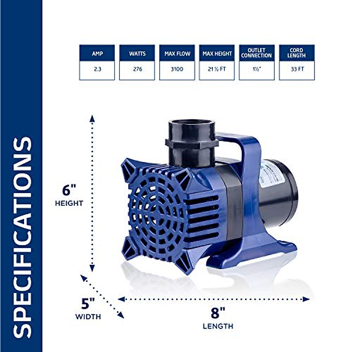 Alpine Corporation 3100 GPH Submersible Water Pump with 33 FT Cord and Adapters for Ponds, Fountains, Waterfalls, and Water Circulation, 276 Watts 21.5 FT Lift Quiet Operation Vertical/Horizontal