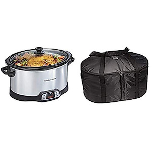Hamilton Beach 8-Quart Programmable Slow Cooker With Digital Timer, Silver (33480) & Travel Case, Carrier Insulated Bag for 4, 5, 6, 7 & 8 Quart Slow Cookers (33002),Black