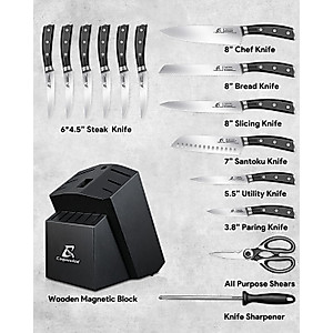 Knife Set, 15 PCS Kitchen Knife Block Sets with Sharpener, 6 Steak Knife Set Serrated with Block, Forged German Stainless Steel Rust Proof Knives, Dishwasher Safe Black, New Beveled Design
