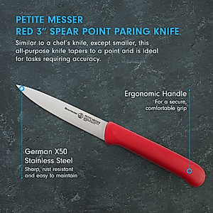 Messermeister Petite Messer 4” Spear Point Parer with Matching Sheath, Red - German 1.4116 Stainless Steel & Ergonomic Handle - Lightweight, Rust Resistant & Easy to Maintain