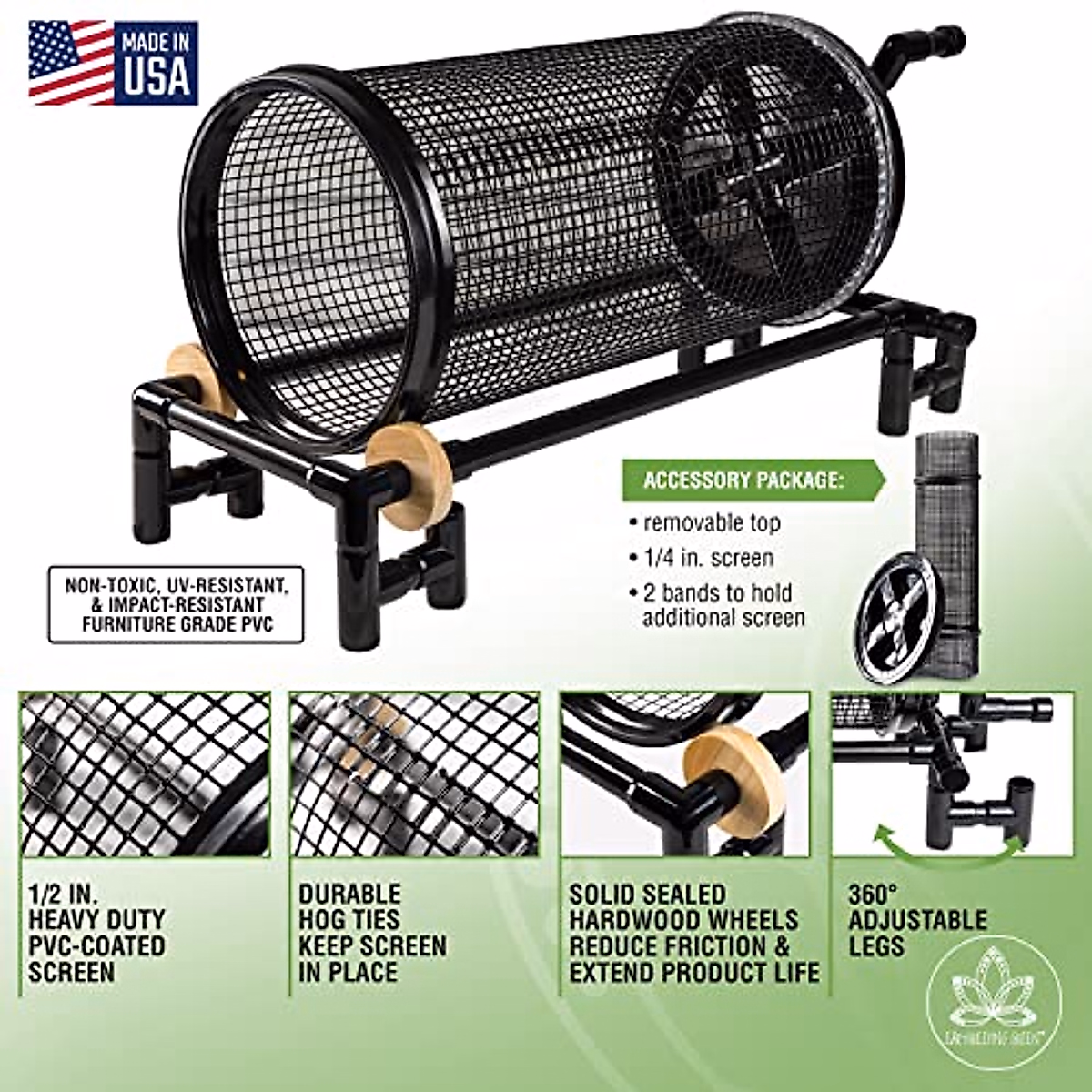 Rolling Garden Sifter with 1/2 in. Heavy Duty Screen and Accessories (1/4 in. Screen, Removeable Top, & Holding Bands)