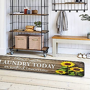 Farmhouse Theme Sunflowers Laundry Room Runner Rug Wooden Board Background Mat Washable Non-Slip Soft Floor Carpet Extra Long Hallway Doormat 72" X 24"