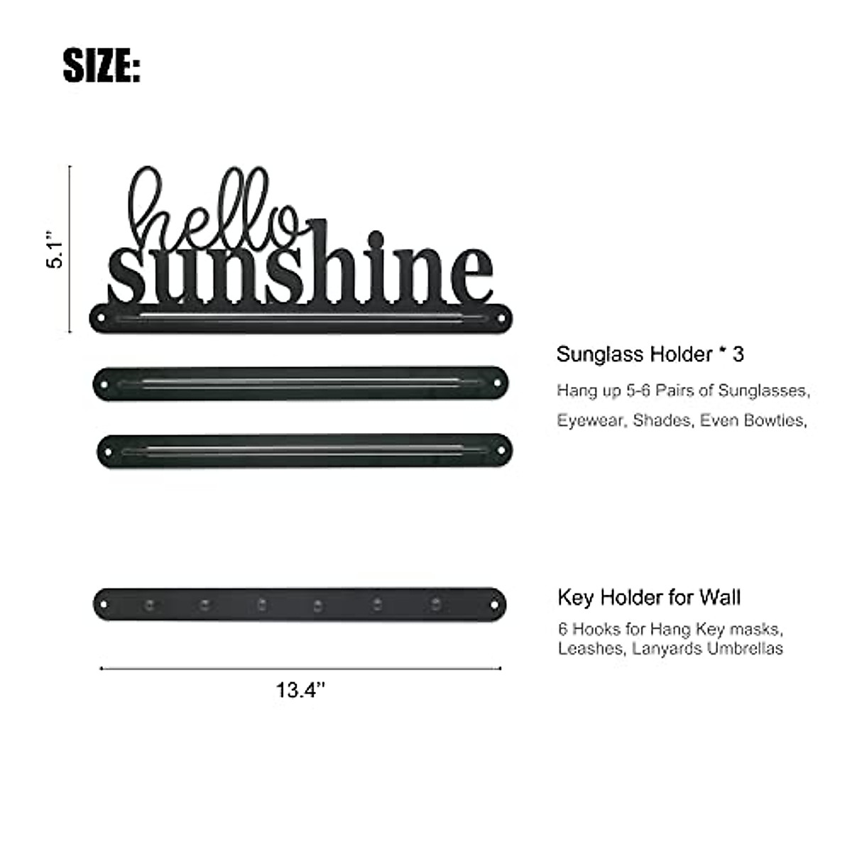 Dancenser Decorative Sunglass Organizer Wall Mounted, Metal Sunglasses Holder for Multiple Glasses, Sunglass Storage, Hello Sunshine Modern Eyeglasses Display, Key Holder for Wall with 6 Hooks, Black